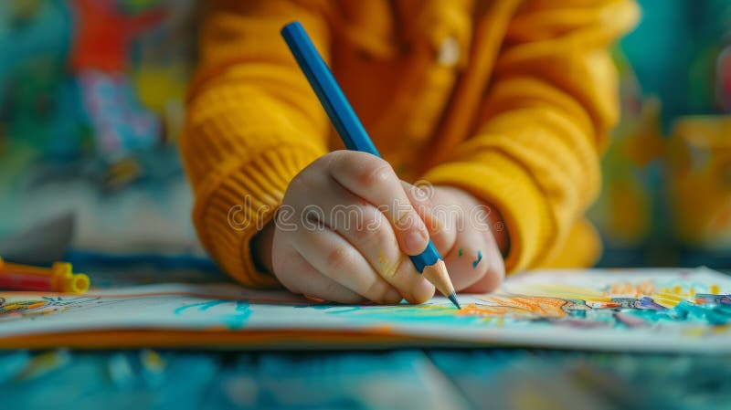 Child Drawing with Crayons on Paper. Stock Image - Image of handeye ...