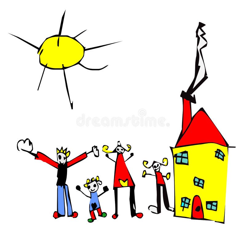 Child Drawing of Family, Sun and House Stock Vector - Illustration of ...
