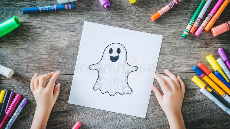 Child Drawing a Ghost Using Black Marker on a White Sheet, with Many ...