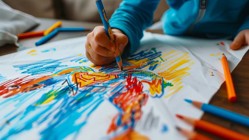A Child is Drawing on Paper with Colored Pencils Stock Image - Image of ...
