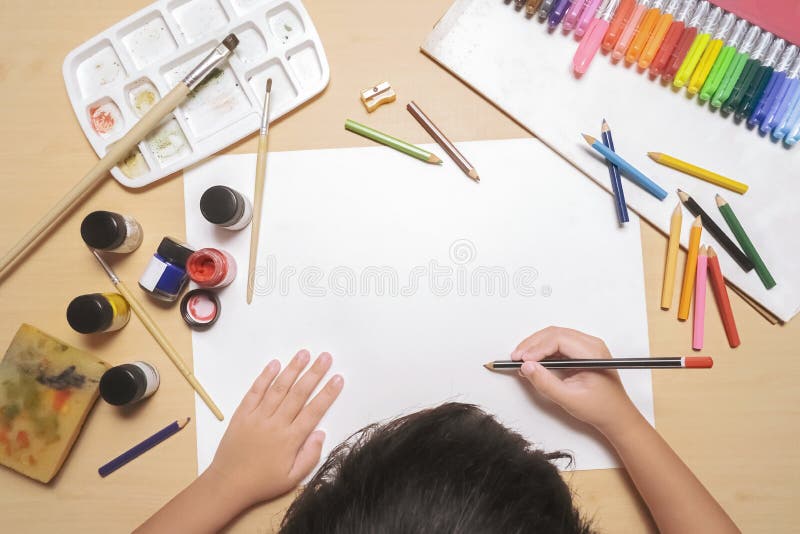 Child drawing on paper stock photo. Image of pencil - 155290398