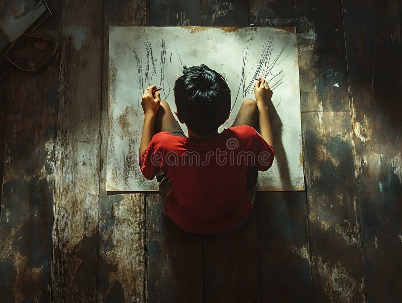 Child Drawing on Paper in a Quiet, Rustic Environment Stock ...