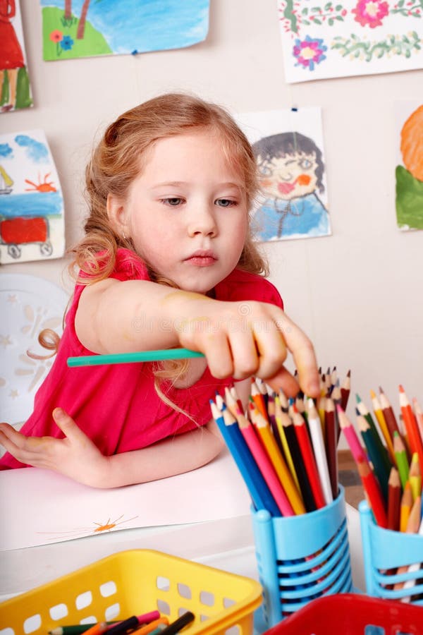 Child Drawing Pencil in Play Room. Stock Photo - Image of preschooler ...