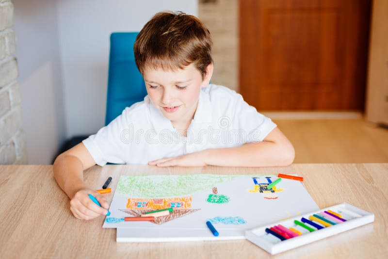 Child Drawing Picture of Boy Going To School. Stock Image - Image of ...