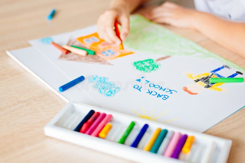 Child Drawing Picture of Boy Going To School. Stock Image - Image of ...
