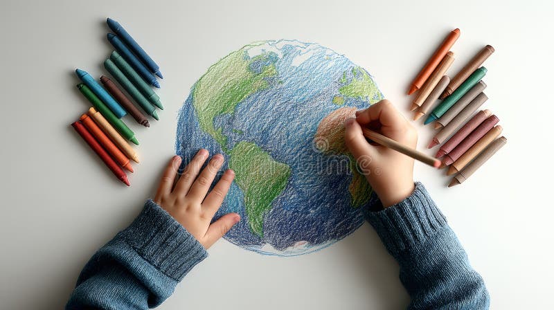 Child Drawing Planet Earth with Crayons on Paper Using a Creative and ...