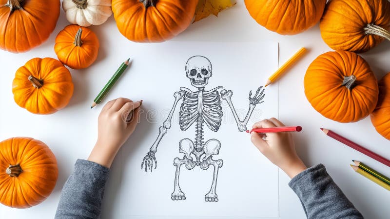 Child Drawing Skeleton with Colored Pencils Surrounded by Pumpkins on ...