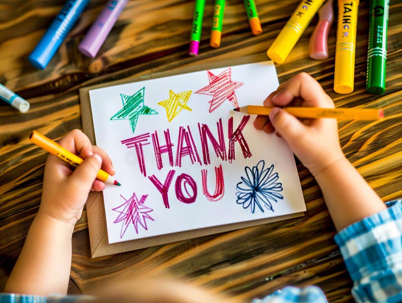 A Child is Drawing a Thank You Card with Crayons on a Table Stock ...