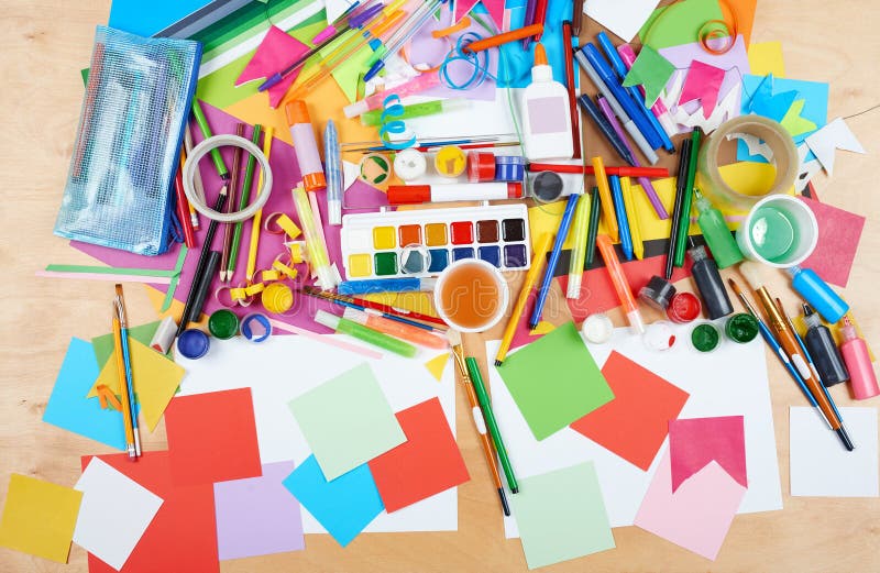 Child Drawing Top View. Artwork Workplace with Creative Accessories ...