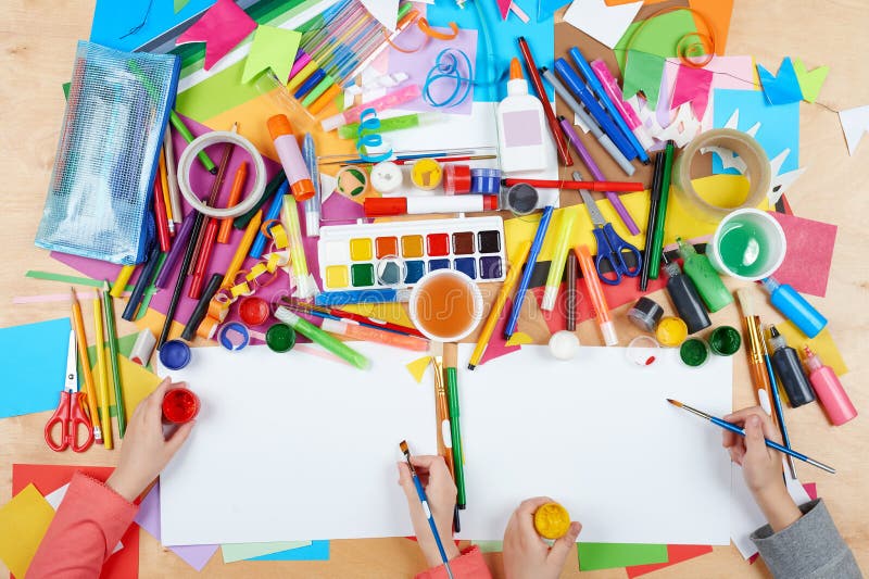 Child Drawing Top View. Artwork Workplace with Creative Accessories ...