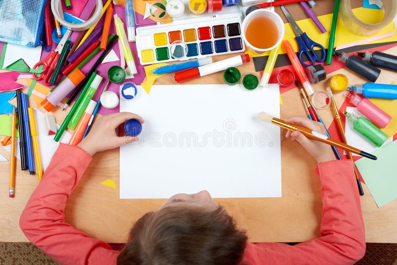 Child Drawing Top View. Artwork Workplace with Creative Accessories ...