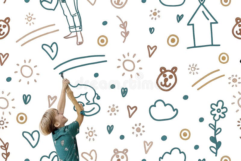 Child Drawing on Wall with Kids Drawings Stock Illustration ...