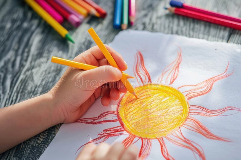 Child Drawing Yellow Sun with Colored Pencils on White Paper Stock ...
