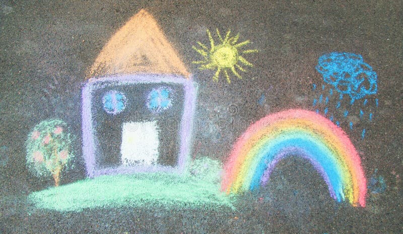 A Child Draws a House and a Rainbow on the Asphalt with Chalk ...