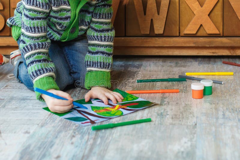 Child Draws with Markers and Pencils Drawing Stock Photo - Image of ...