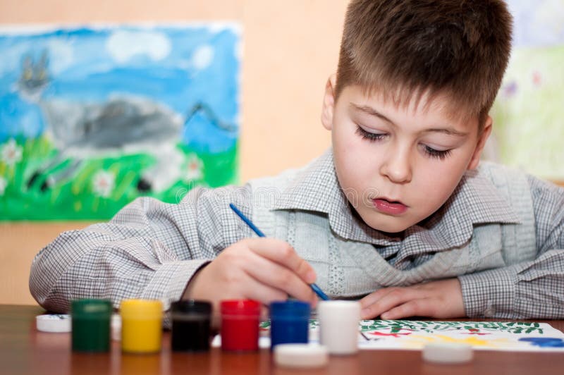 Child Draws a Picture Paints Stock Photo - Image of caucasian, student ...