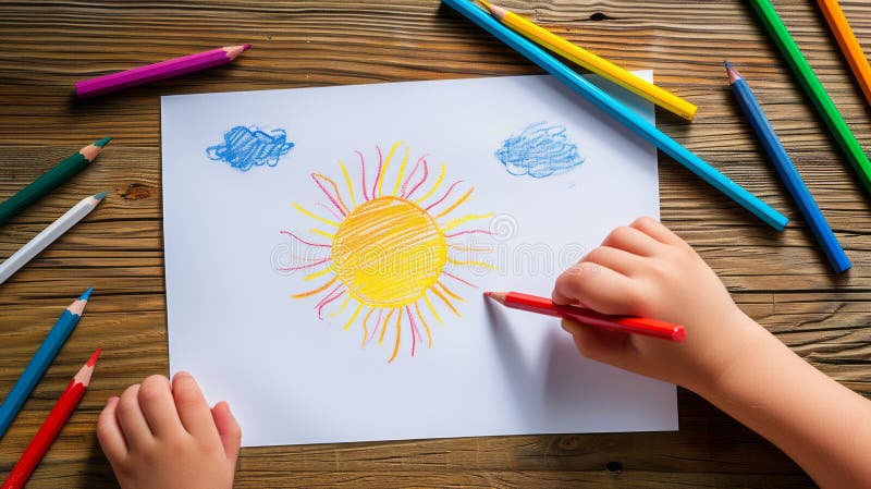 A Child Draws a Sun with Colored Pencils Stock Illustration ...