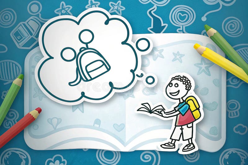 Child Dreaming of Backpack, Open Book, Colorful Pencils, Decorative ...