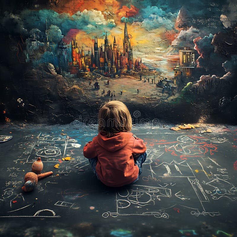 Child Dreaming with Colorful Mural in an Imaginative Setting Stock ...