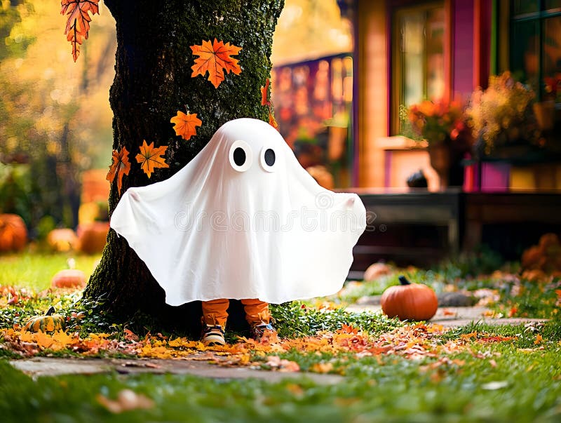 A Child Dressed As a Ghost Hides Behind a Tree, Surrounded by Autumn ...