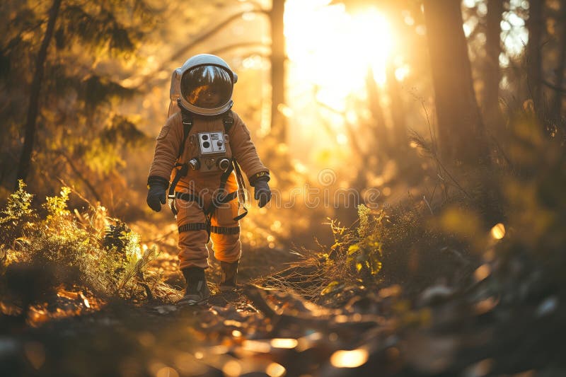A Child Dressed in an Astronaut Costume Exploring Dense Forest Stock ...