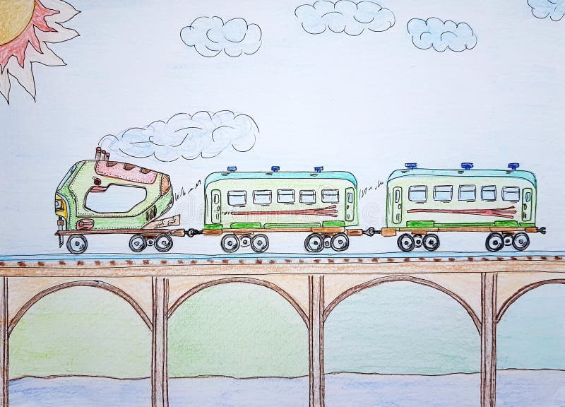 The Child Drew a Train on the Bridge Stock Illustration - Illustration ...