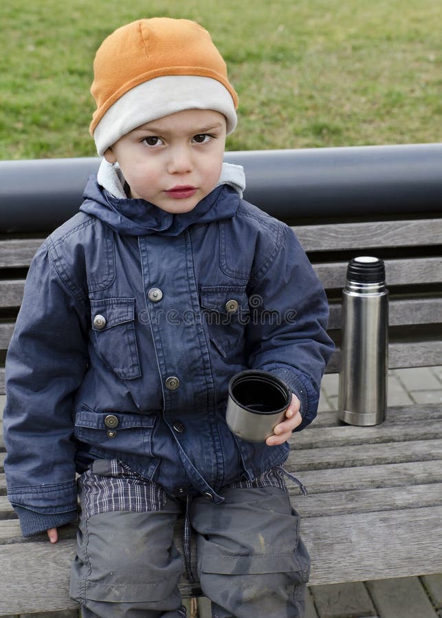 Child Drinking Tea from Flask. Stock Image - Image of outdoors, cold ...