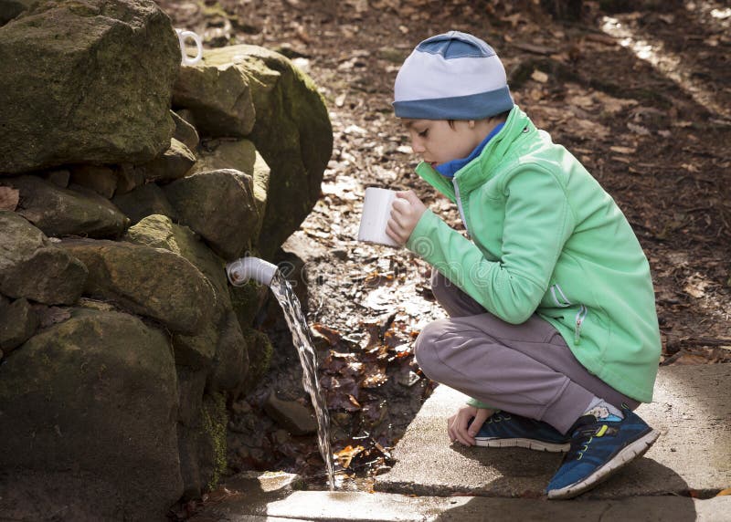Child Drinking Water At Nature Spring Stock Image - Image of children ...