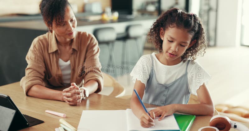 Child, E Learning and Woman with Helping, Writing Notes and Support for ...