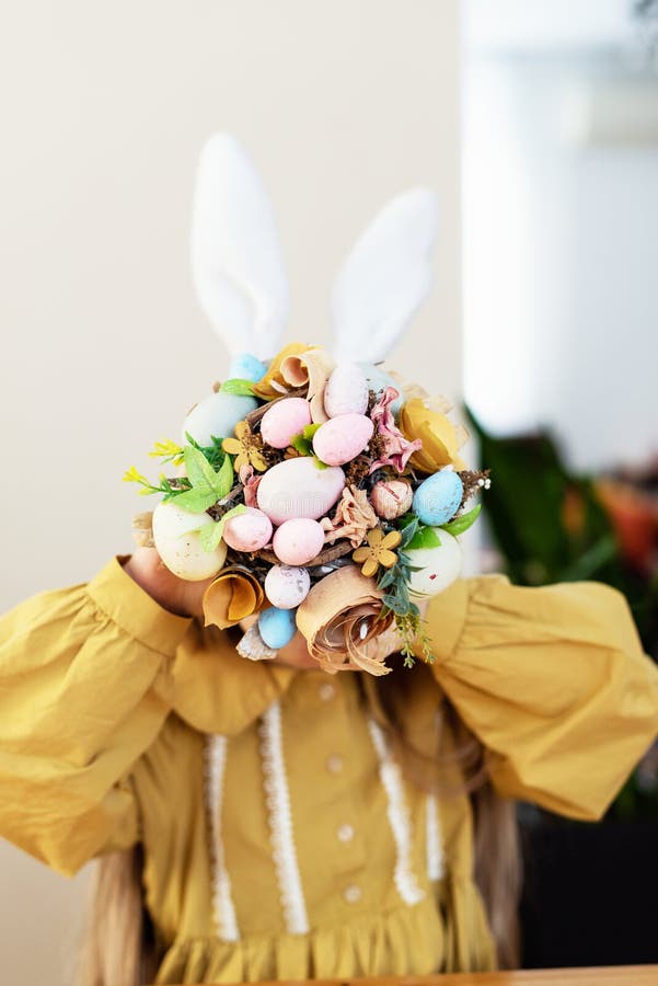 Child with Easter Bunny Ears Holding Colorful Egg Bouquet Stock Image ...