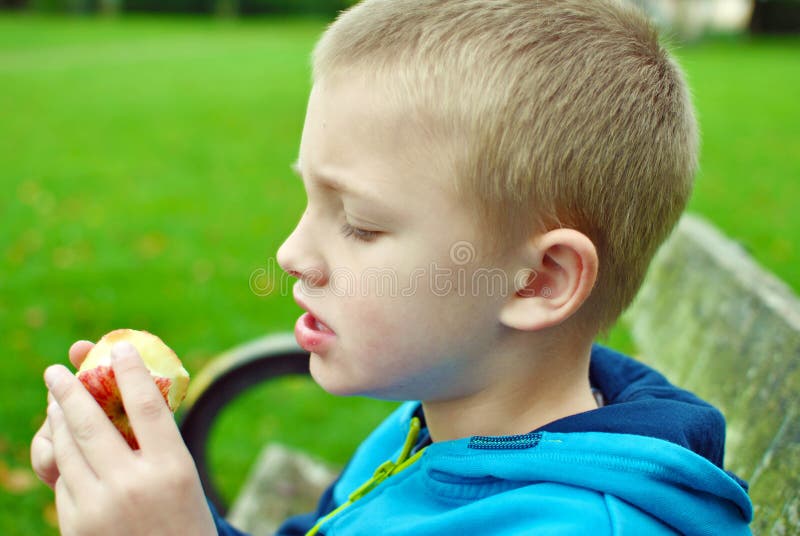 Child eating apple stock photo. Image of grass, bench - 46266018
