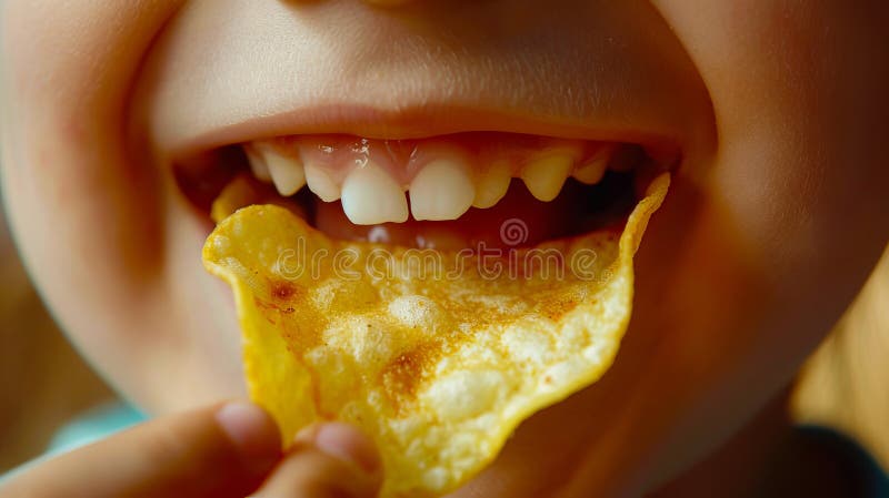A Child Eating Chips with His Teeth Stock Photo - Image of bite, teeth ...
