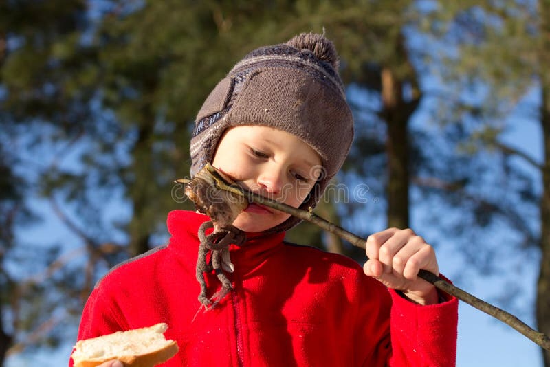 Child Eating Meat on a Picnic in Nature in the Forest Stock Photo ...