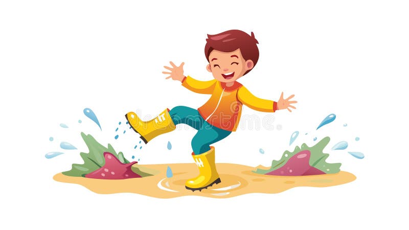 Child Energetically Splashing and Jumping in a Water Puddle, Vector ...