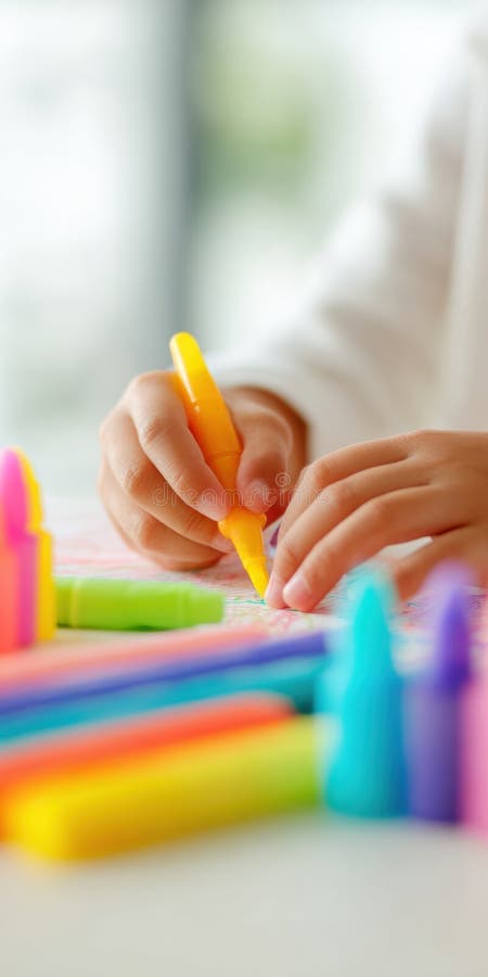 Child Engaged in Creative Drawing Activity at White Desk with Colorful ...