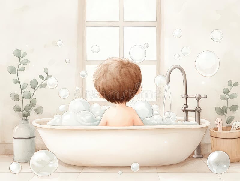 A Child Enjoys a Relaxing Bubble Bath in a White Bathtub Stock ...