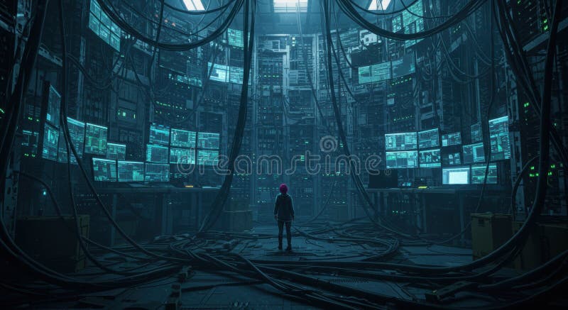 Child Exploring a Futuristic Control Room Filled with Screens and ...