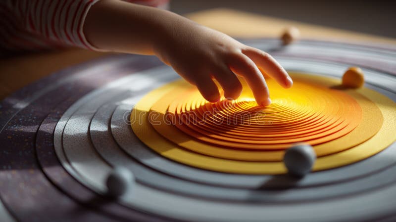 Child Exploring Paper-Cut Solar System Chart with Layered Sun Stock ...