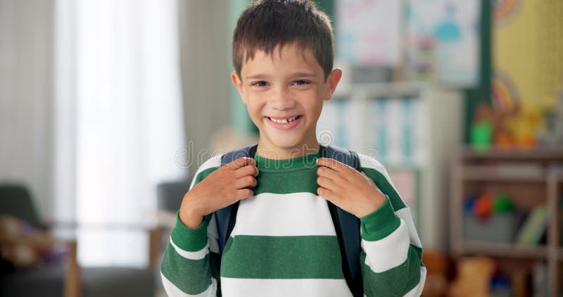 Child, Face and Laughing in School Classroom or Education with Backpack ...