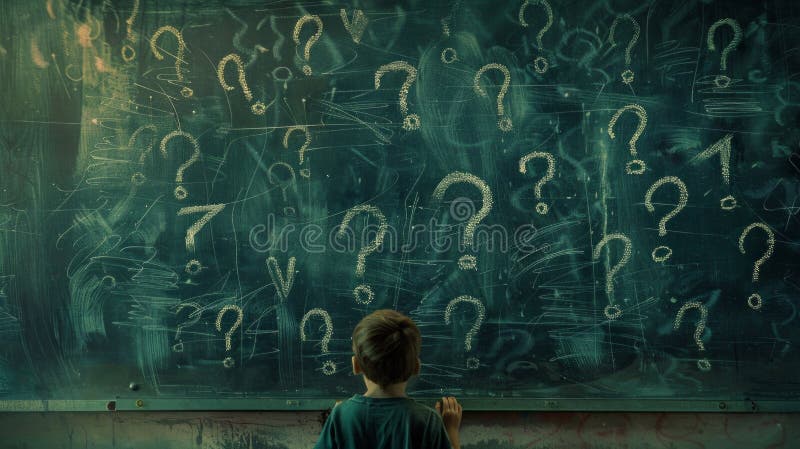 Child Facing Chalkboard Full of Questions Stock Image - Image of mental ...
