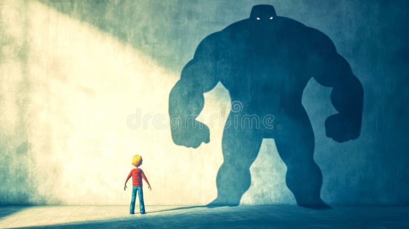 Child Facing Giant Threatening Shadow in Empty Room Stock Illustration ...