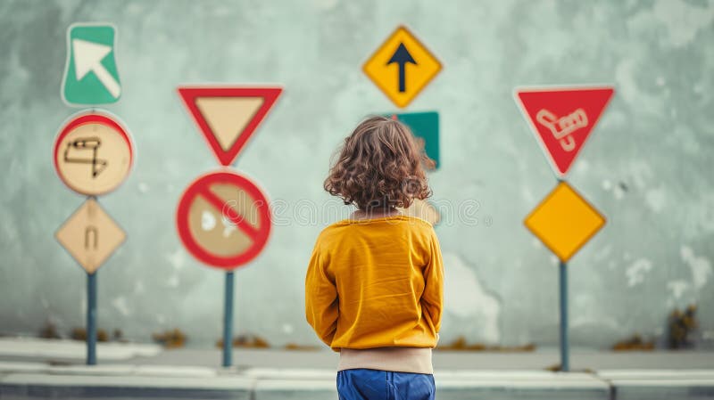 Child Facing Various Confusing Road Signs Stock Photo - Image of ...