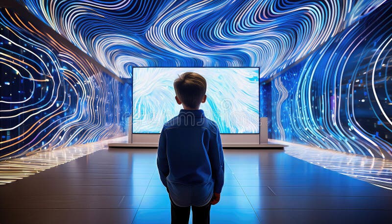 Child Fascinated by Mesmerizing Digital Artwork in a Modern Gallery ...