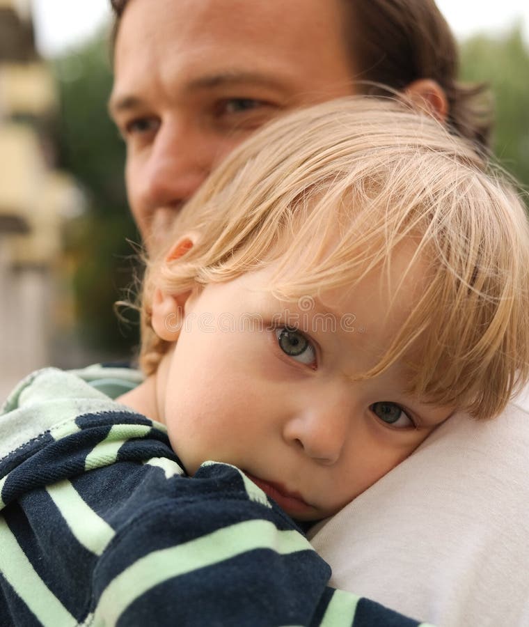 Child on Father`s Shoulder Outdoors Stock Image - Image of mother ...