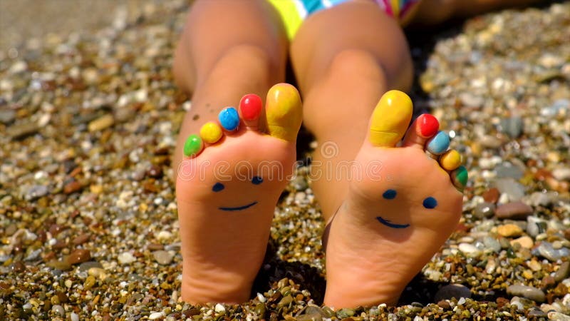 Paint Fun Feet Kids with Smiley Drawing Toes. Barefoot Child Playing ...