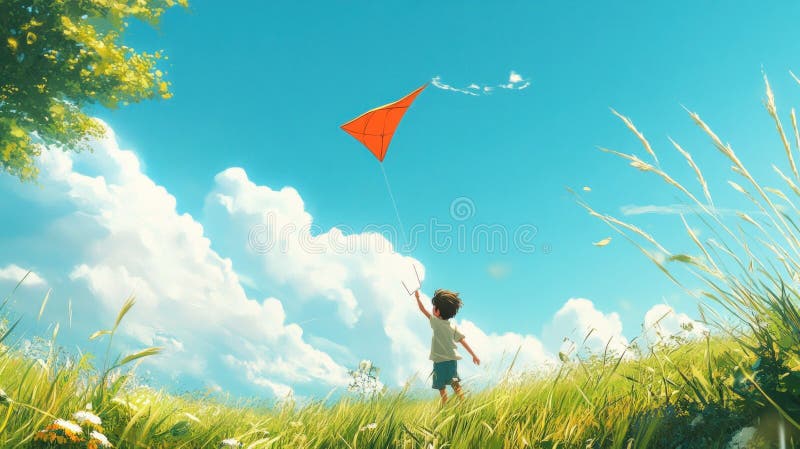 Child Flying a Kite in a Sunny Field Created Using AI Stock ...