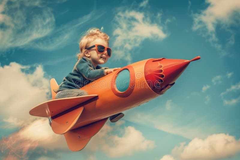 Child in a Flying on a Rocket Stock Illustration - Illustration of ...