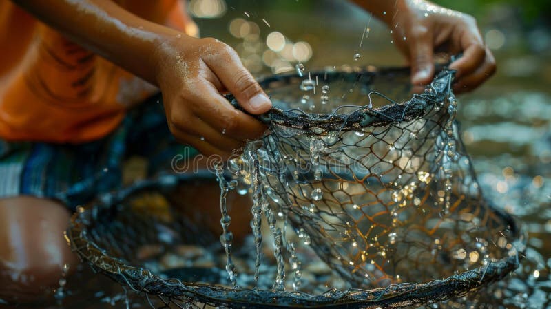 Young Person Catching Fish in a River with a Net during a Sunny ...