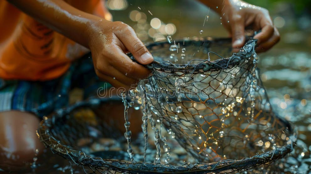 Young Person Catching Fish in a River with a Net during a Sunny ...