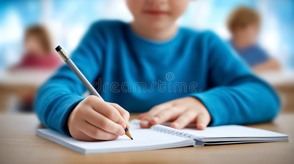 Child Focused on Writing in a Notebook with Pencil. Classroom Setting ...